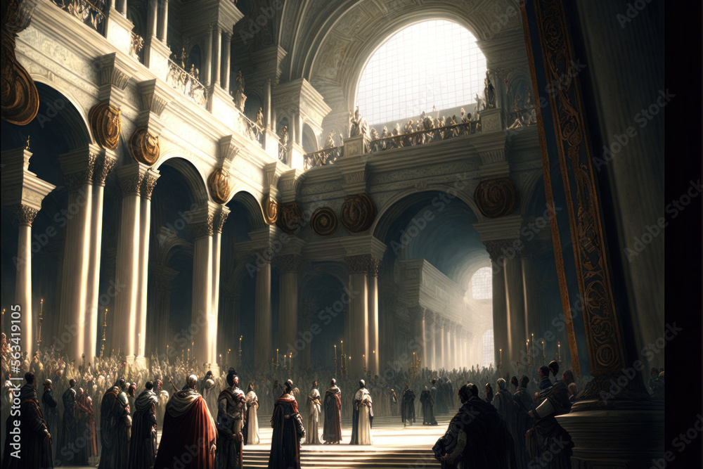 Ceremonial crowning of a ruler in a medieval castle environment. The ...