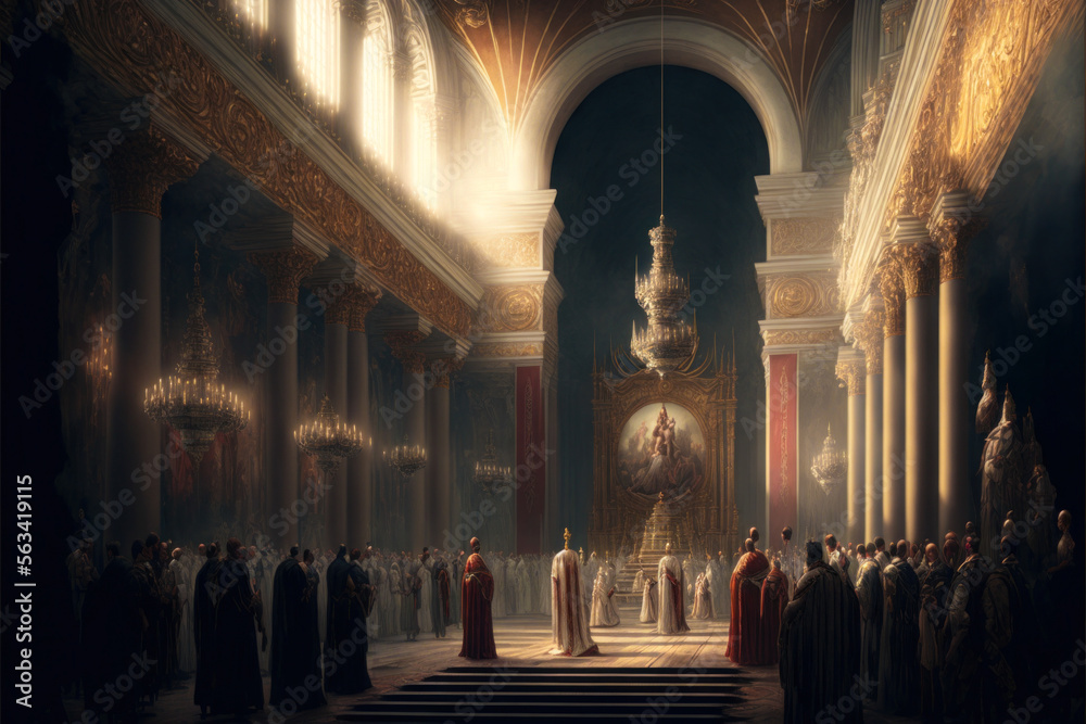 Medieval coronation of a king with crowds of people gathered around ...