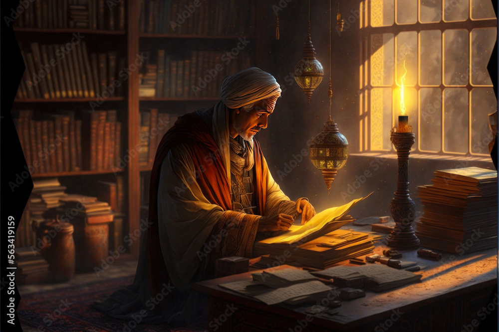 Scholar in a medieval Islamic library, surrounded by books and ...