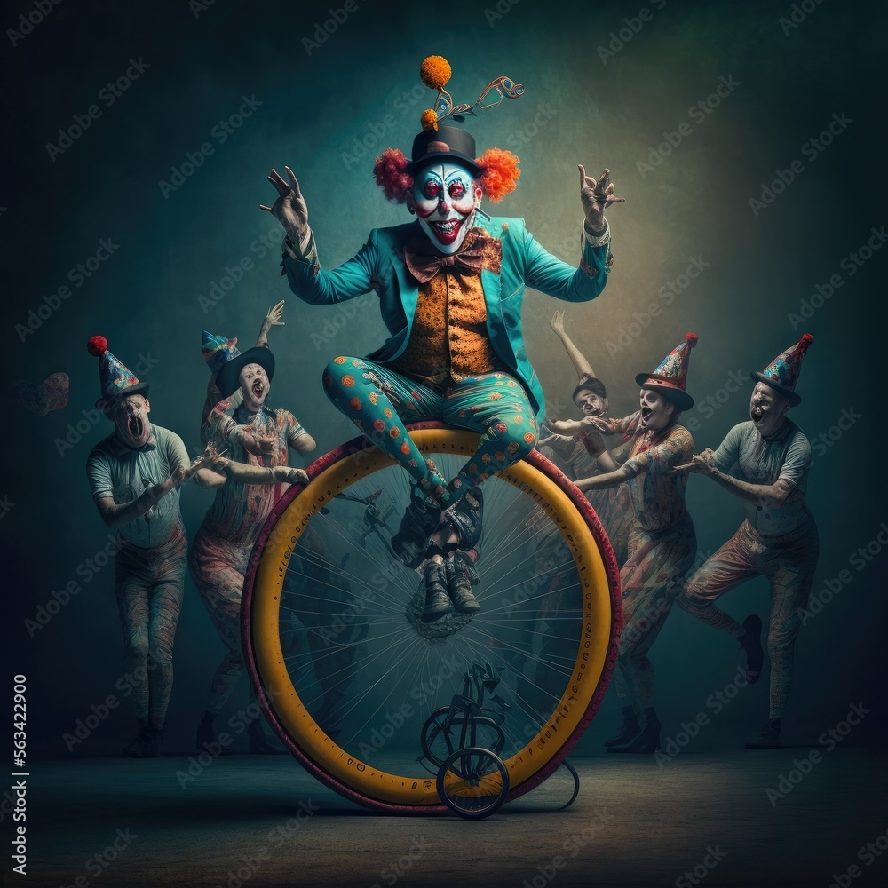 Circus in a clown dance on a unicycle, ai art Stock Illustration ...