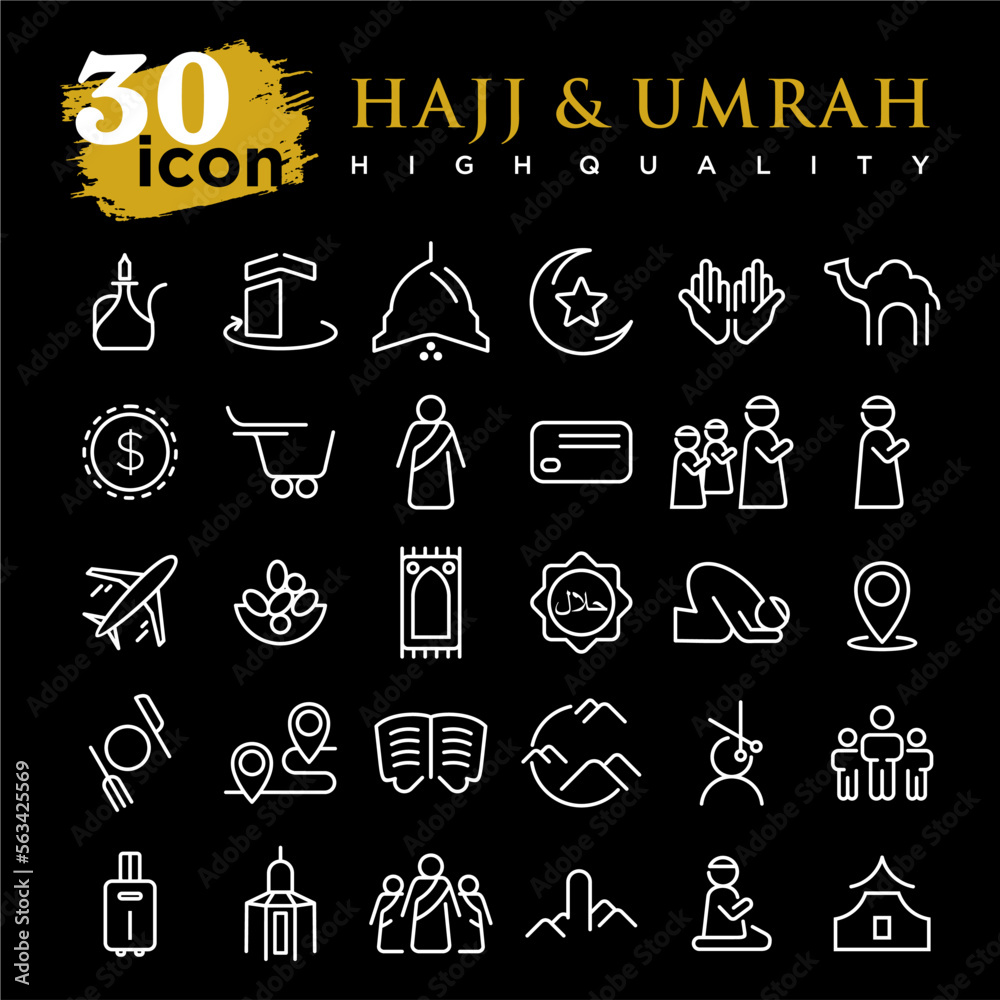 Vetor de hajj season icon set collection line art design. mosque ...