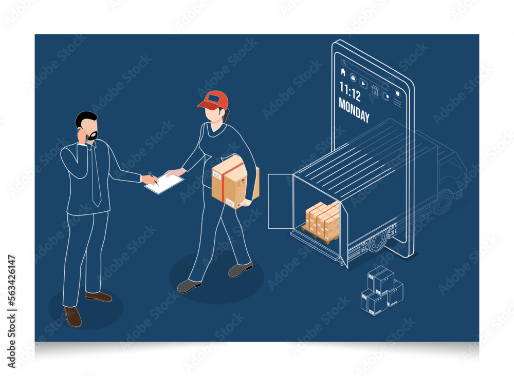 3D isometric Logistics and Delivery services concept with People ...