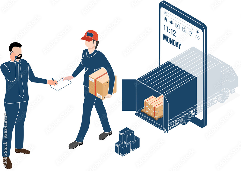 3D isometric Logistics and Delivery services concept with People ...