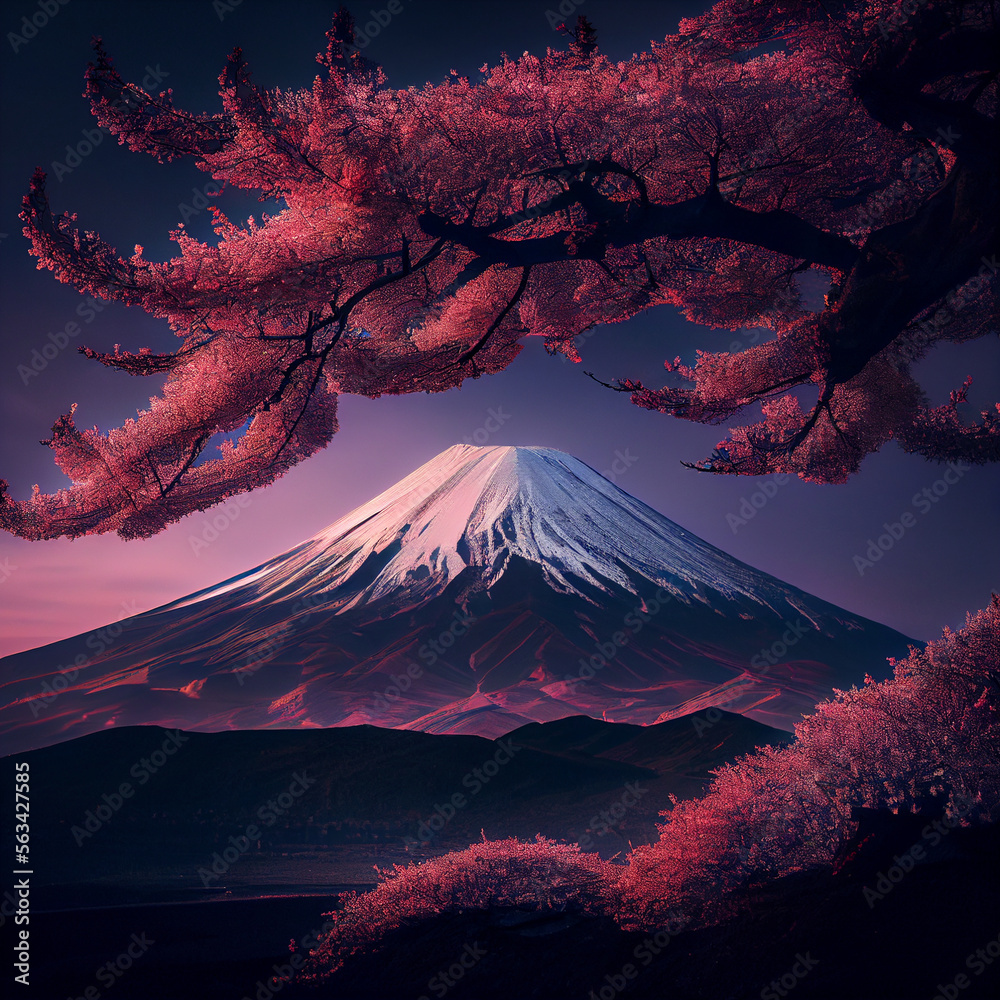 Mount Fuji and cherry blossom trees in spring, Japanese landscape ...