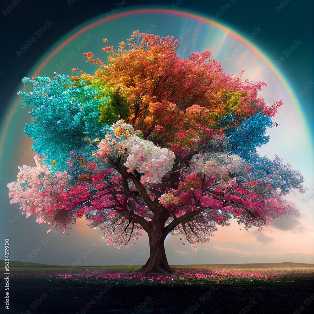 Rainbow tree, fantasy landscape and tree with rainbow colors ...