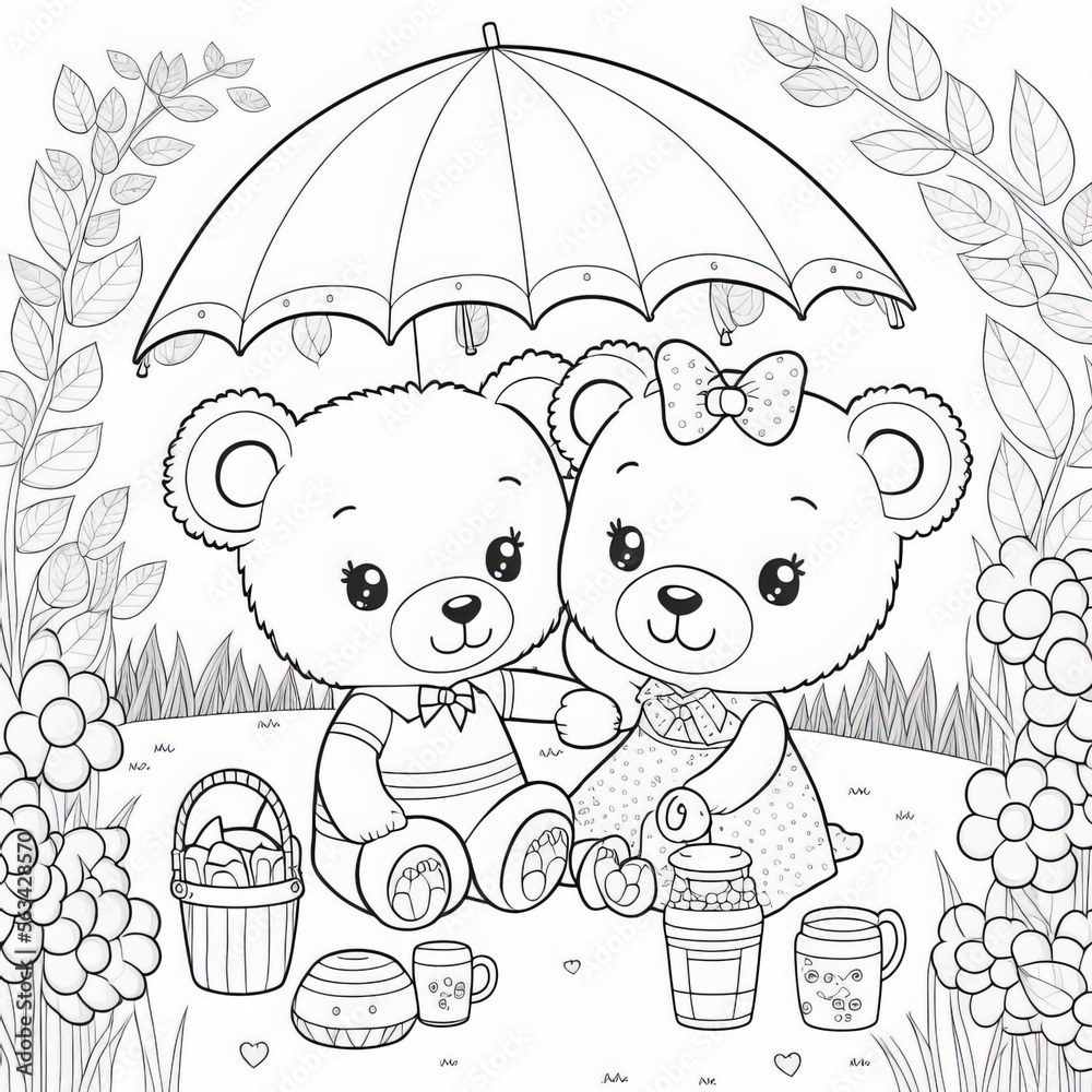 Two little bear in love coloring page illustration Stock Illustration ...