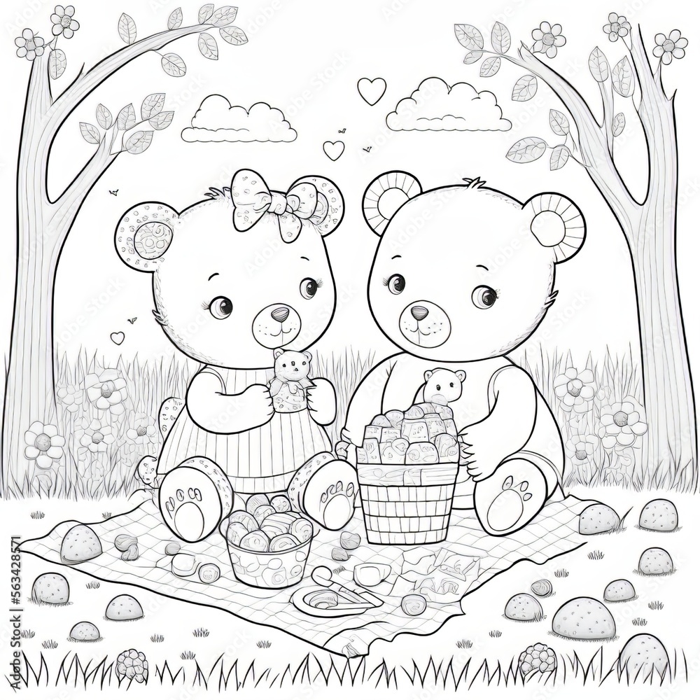 Two little bear in love coloring page illustration Stock Illustration ...