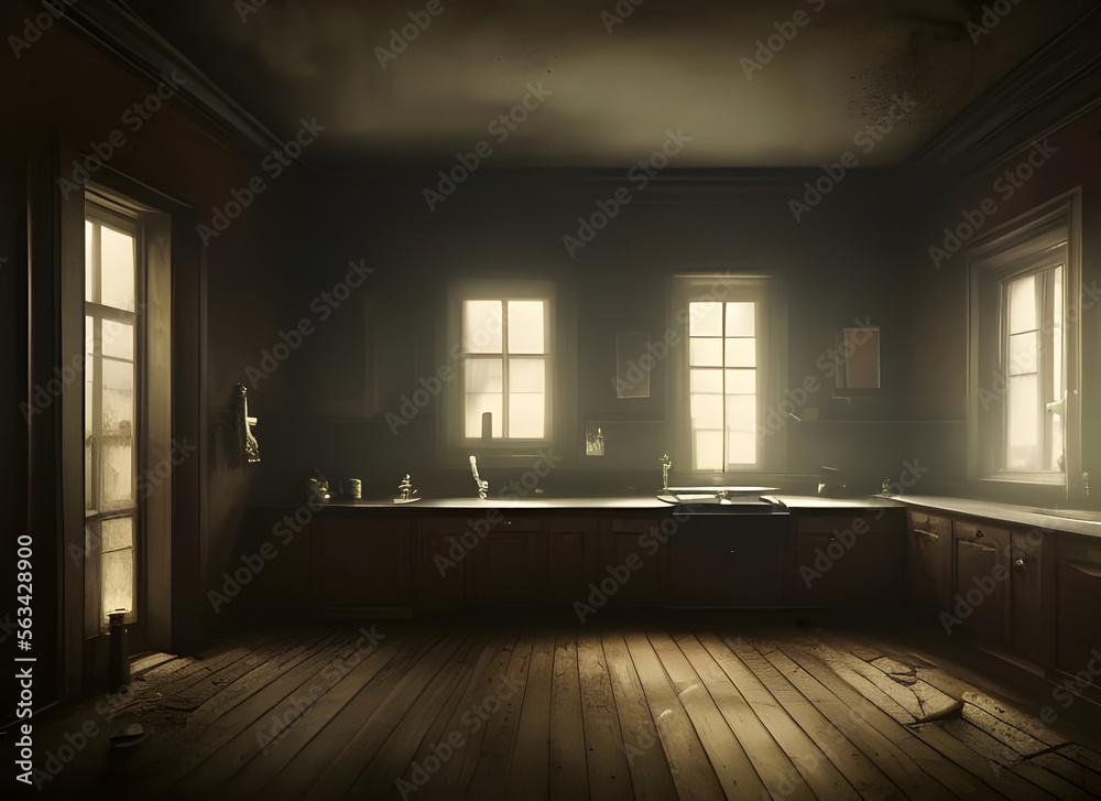 Dark atmospheric illustration of an empty abandoned kitchen in an old ...