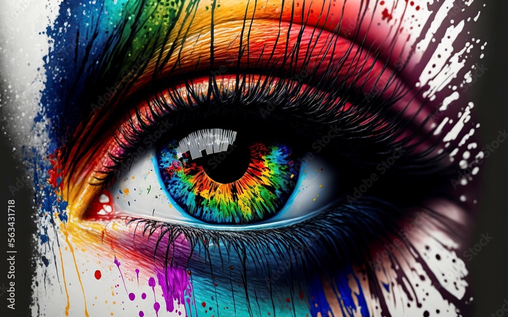 abstract human eye with a rainbow iris in a mix of rainbow colors ...