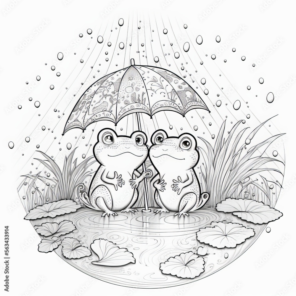 whimsical cartoon-style coloring page for children featuring a frog ...