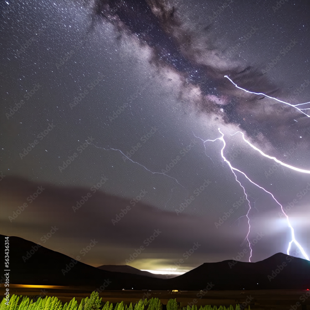 Mountain shocked by arcs of electric lightning bolts with starry night ...