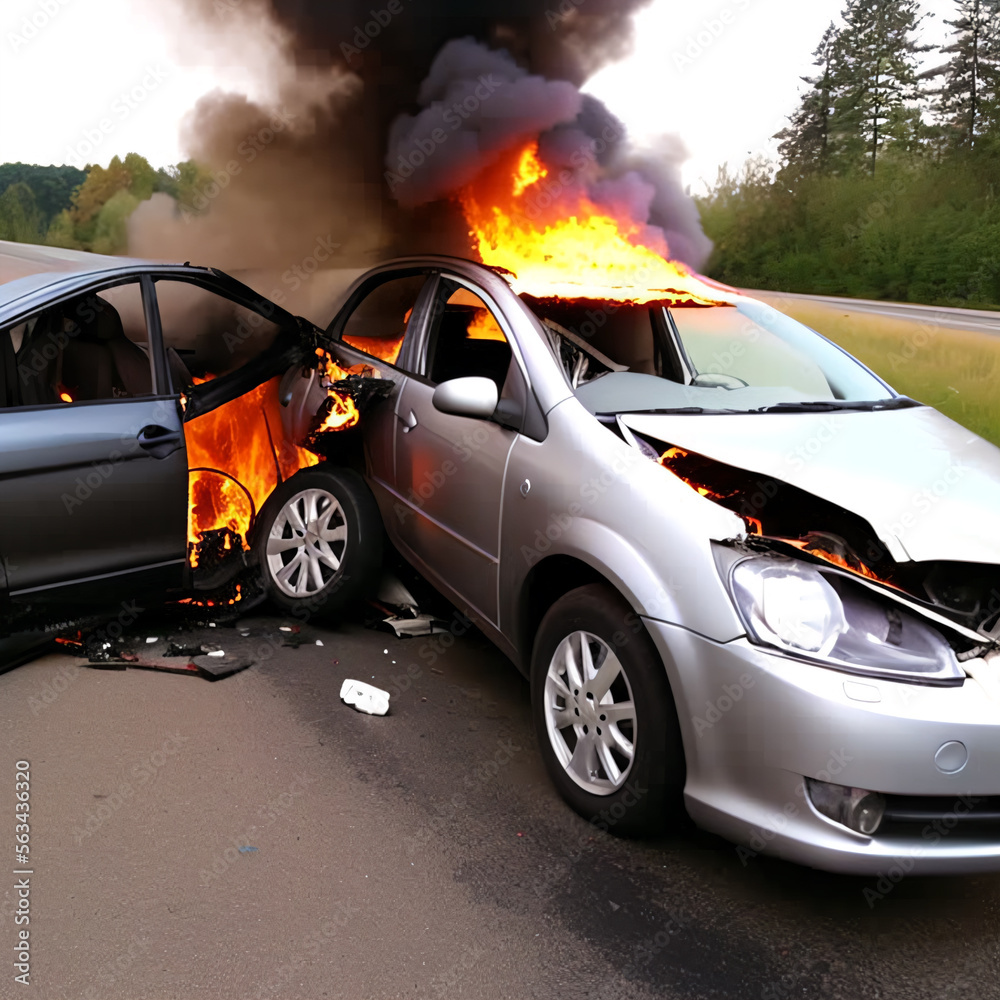 Car crash accident with fiery inferno on roadway with hot smoky flames ...