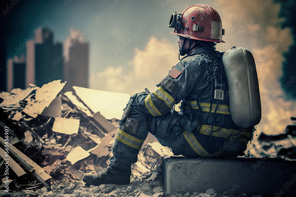 Heroic Effort: A fireman exhausted and sad sitting on collapsed ...