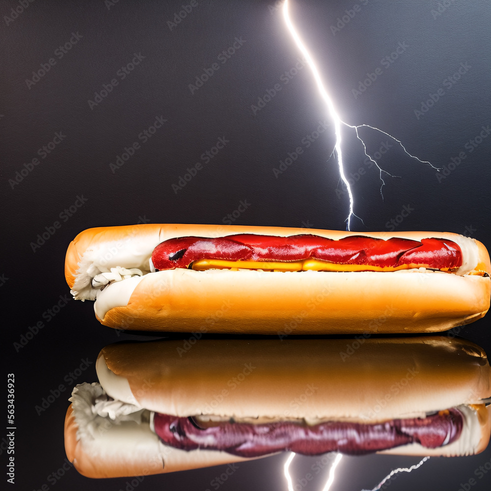 Isolated extreme closeup view of hot dog and bun shocked by electrical ...