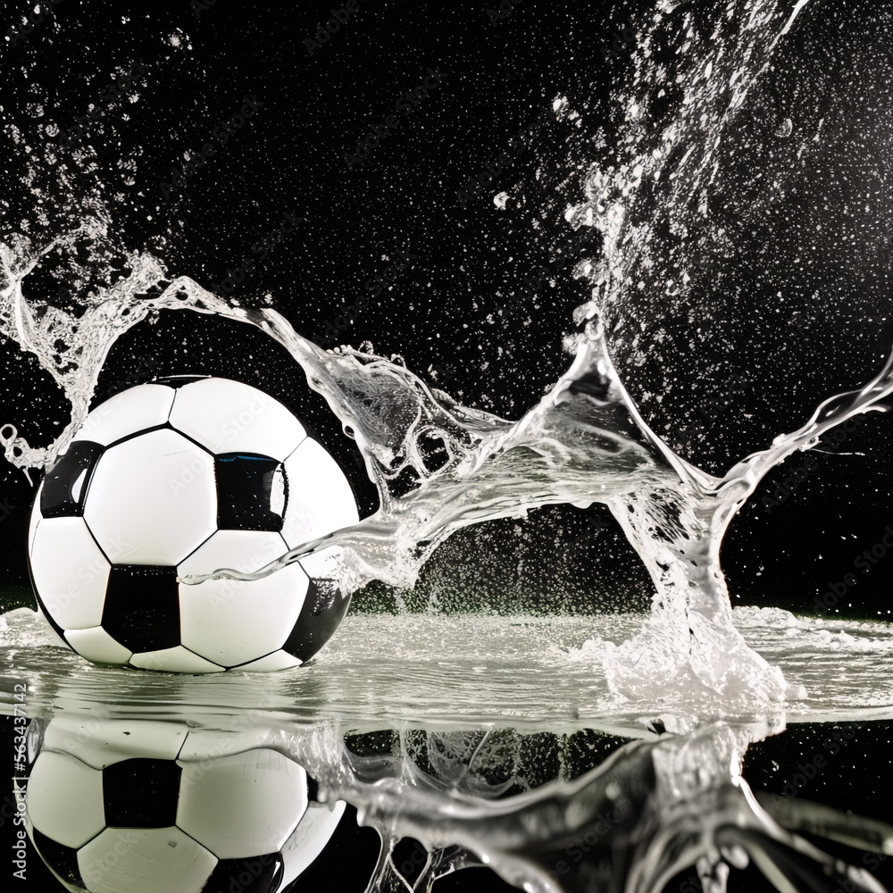 Isolated wet soccer ball partially submerged underwater with dramatic ...