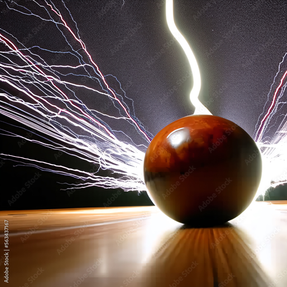 Dramatically lit bowling ball hit by electric lightning bolts with ...