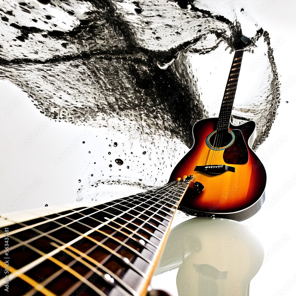 Isolated acoustic guitar with dramatic water splashes and bubbles ...