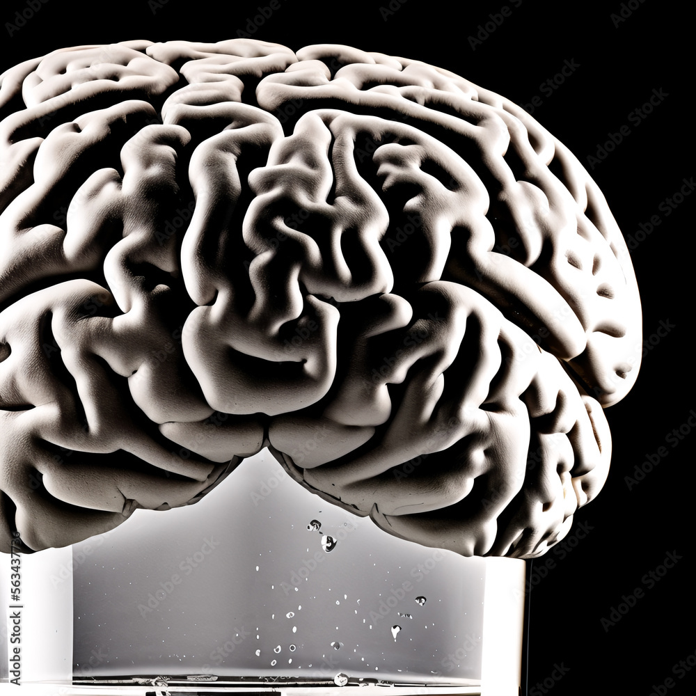 Brain On A Transparent Pedestal Dripping Water Against A Black ...