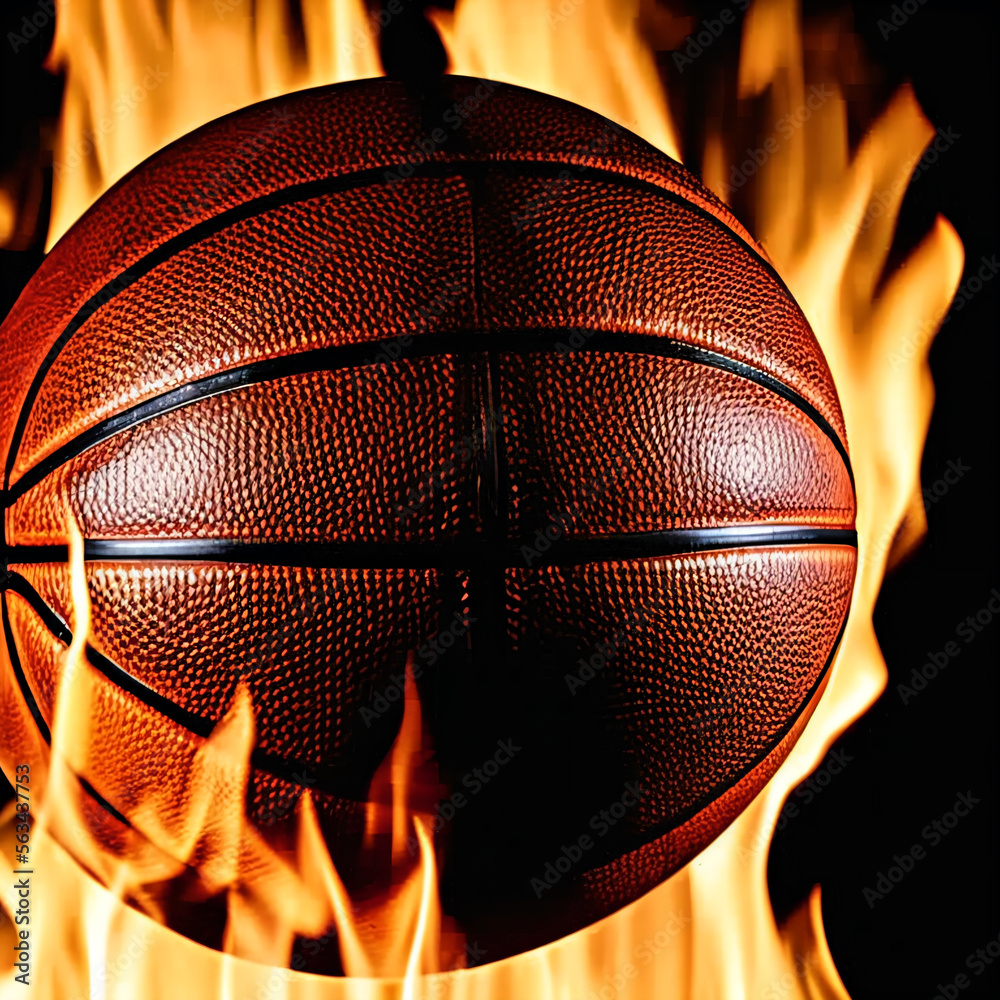 Isolated basketball with imperfections on fire burning with smoky ...