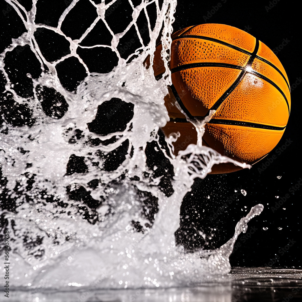 Isolated wet basketball ball partially submerged underwater with ...