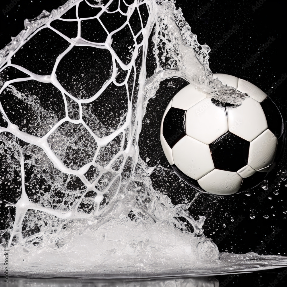 Isolated wet soccer ball partially submerged underwater with dramatic ...
