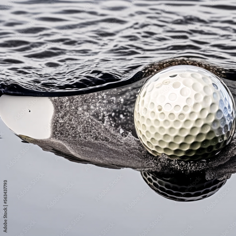 Isolated wet golf ball partially submerged underwater with dramatic ...