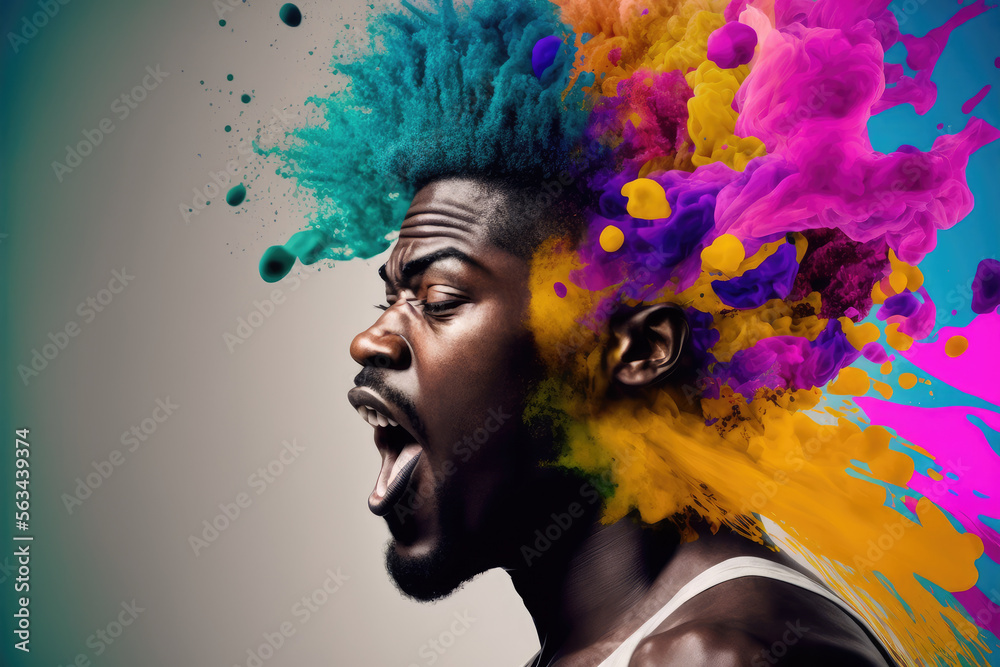 Young African American man with his head exploding in colorful paint ...