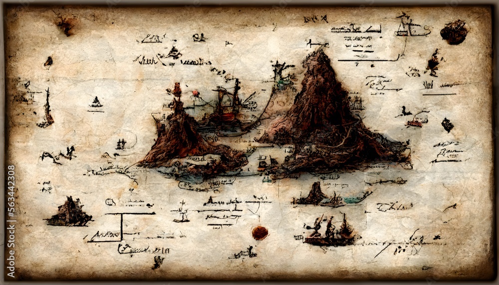 old treasure map texture map of an island with a volcano fading writing ...