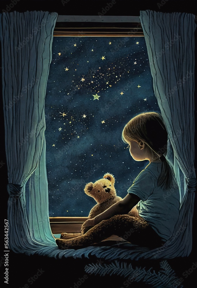 A little girl sitting in her bedroom window looking out into the night ...