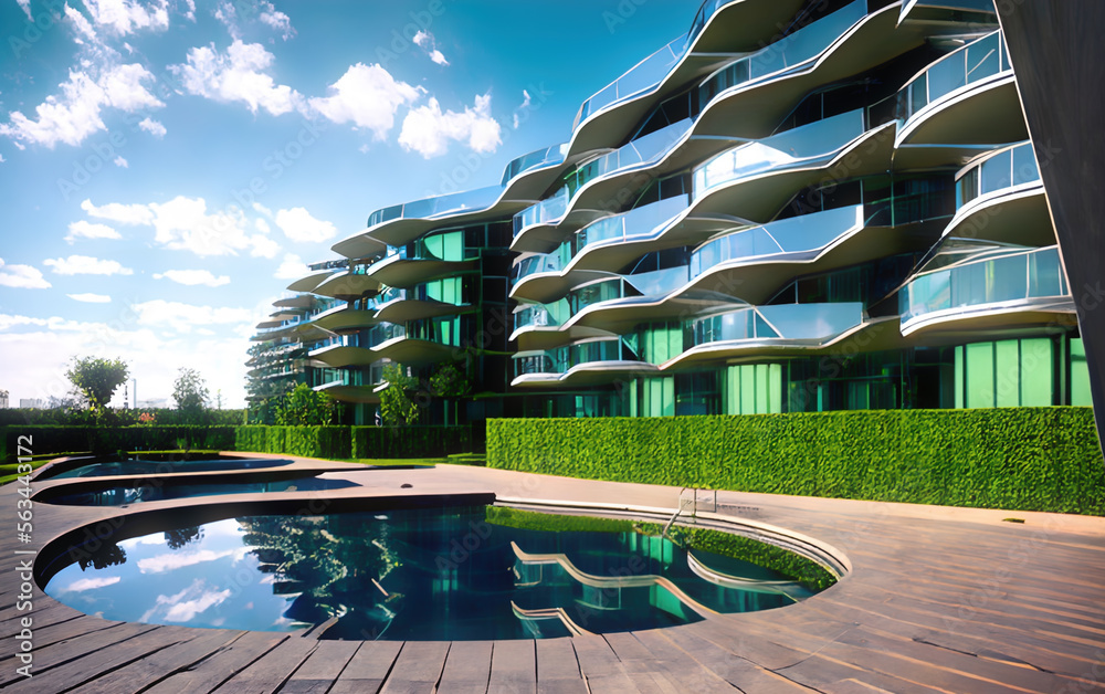 Futuristic architectural building built with glass and steel mirror ...