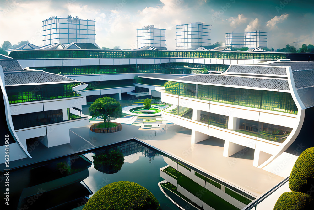 Futuristic architectural building inspired by asian architecture, built ...