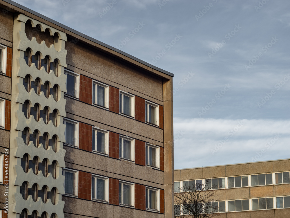 Prefabricated building facades in East Germany. Old abandoned dwelling ...