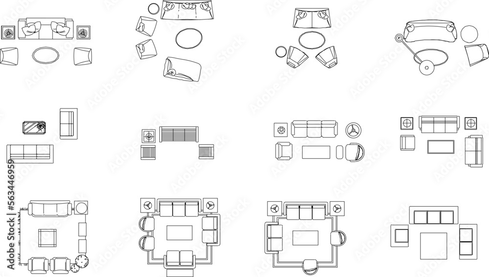 set of icons sketch vector illustration of a floor plan of a living ...