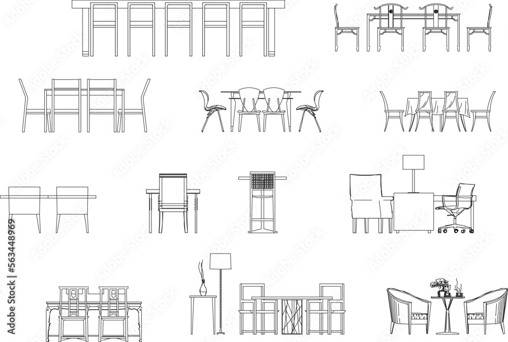set of vector sketch illustration of black and white dining room table ...