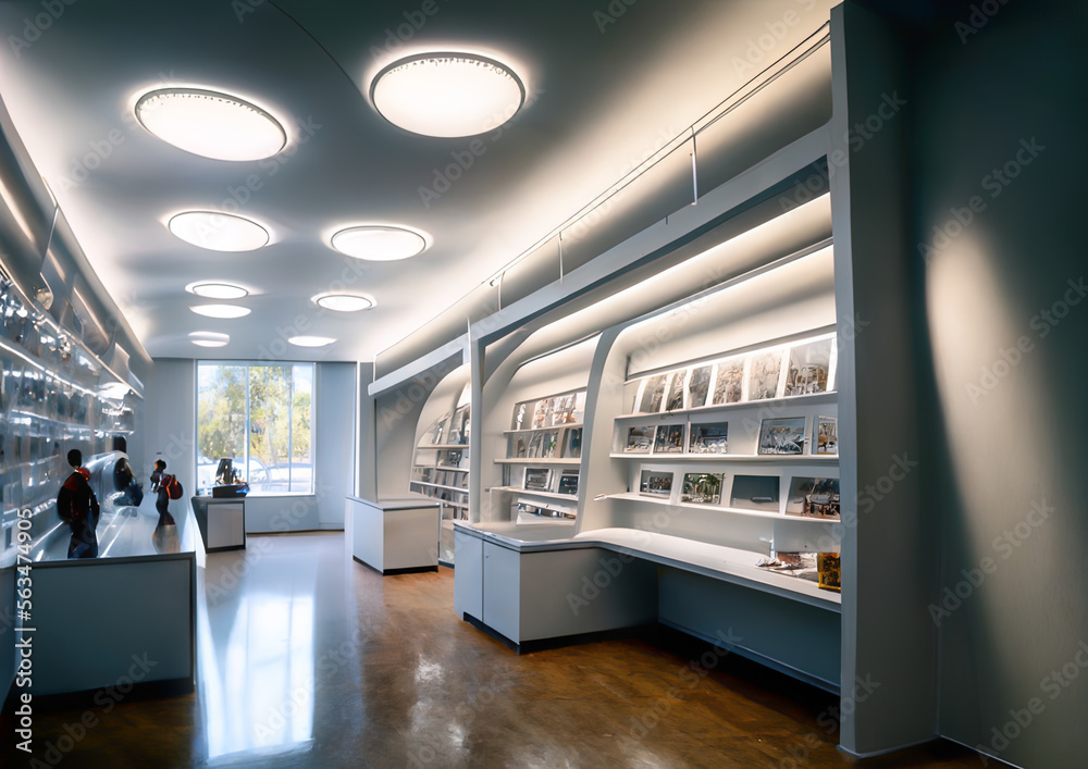 Futuristic library architectural design, built with glass and concrete ...