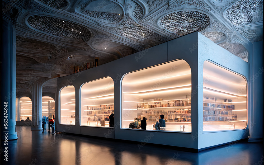 Futuristic library architectural design, built with glass and concrete ...