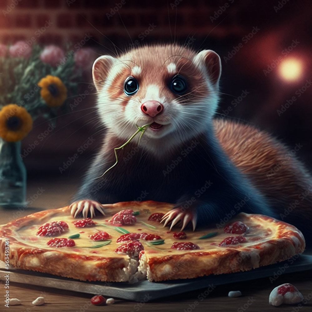 Ferret eating a pizza - cute illustration of a rodent taking pizza ...