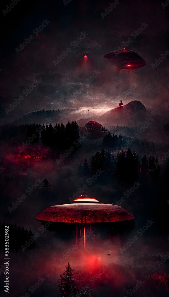 Ominous UFO hovering over dark forest with a mountain range in the ...