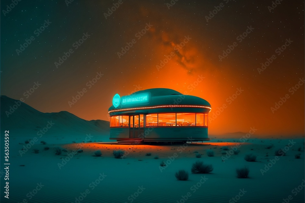Retrofuturistic diner in the middle of the desert. Long exposure night ...