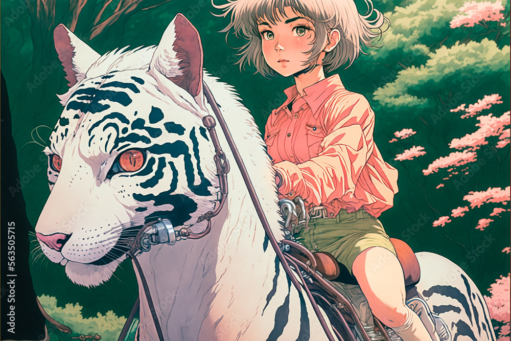 Anime girl riding a big fantasy tiger. Digital art created using ...