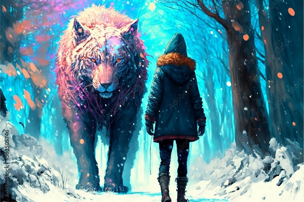 A girl looking at her giant pet beast. Drawn in anime style. Art ...