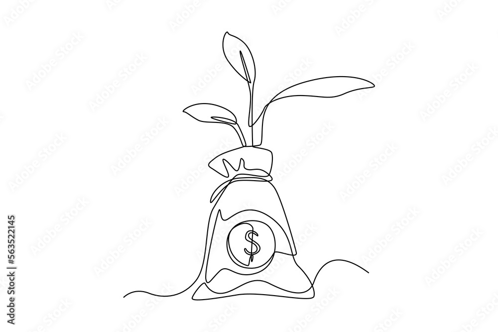 Continuous one line drawing small tree in money bag. Budget planning ...