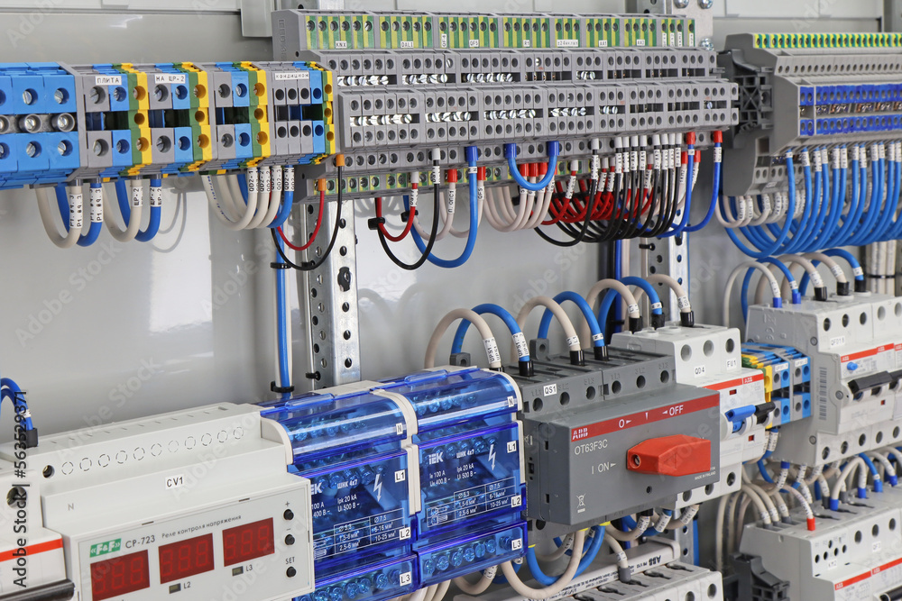 Electrical terminals with connected mounting wires marked with ...