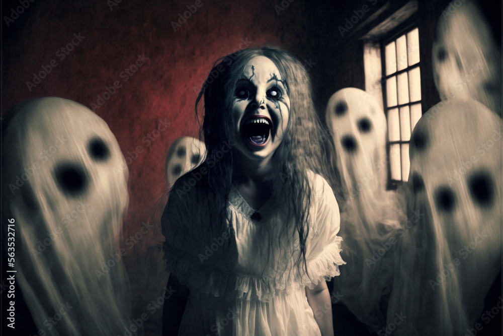 Possessed woman carrying all evil surrounded by evil spirits and ...