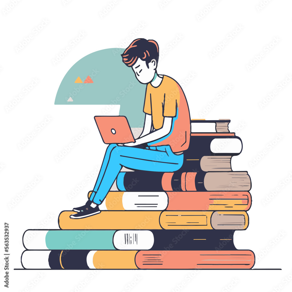 Student writing on laptop, sitting on books. Conceptual student on ...