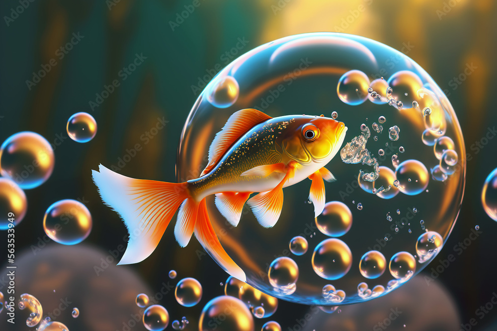 A goldfish enclosed in an icy ball. The goldfish pokes the bubble ...