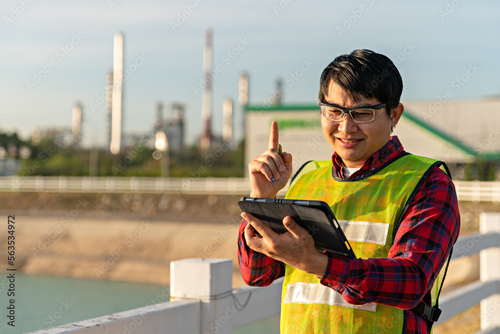 Engineer wear safety uniform use technology tablet for work communicate ...