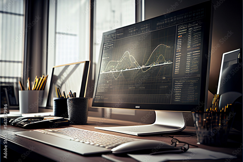 Trader workplace. Computer monitor with stock market charts on screen ...