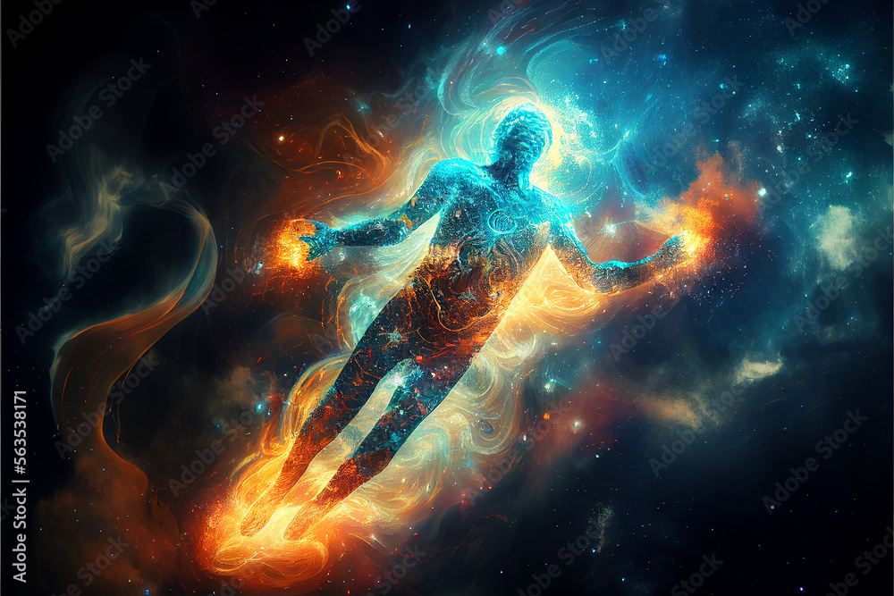 Human soul levitating in abstract space background. Astral body concept ...