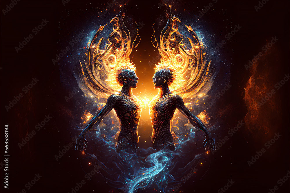 Man and woman silhouettes at abstract cosmic background. Human souls ...